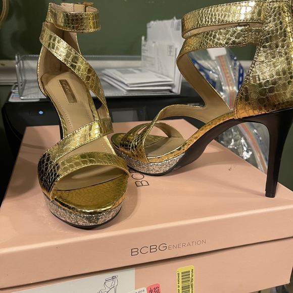 BCBG | Shoes | Bcbg Eddi Gold Heeled Sandalssz 7 | Poshmark